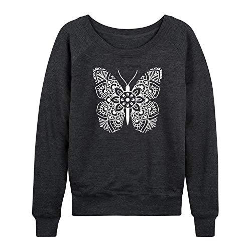 Instant Message - Mandala Butterfly - Ladies French Terry Pullover - Size 1X Heather Charcoal