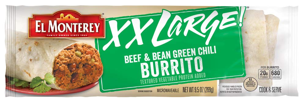 El Monterey XX Large Beef and Bean Green Chili Burrito, 9.5 Ounce -- 12 per case.