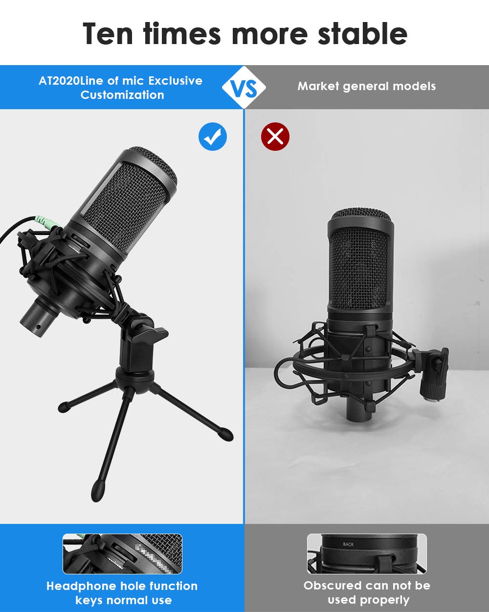 Etour AT2020 Microphone Shock Mount with Pop Filter, [Custom Built for AT2020 Mic] Anti-Vibration Suspension Shock Mount Holder Clip Compatible with audio technica at2020 line Kit