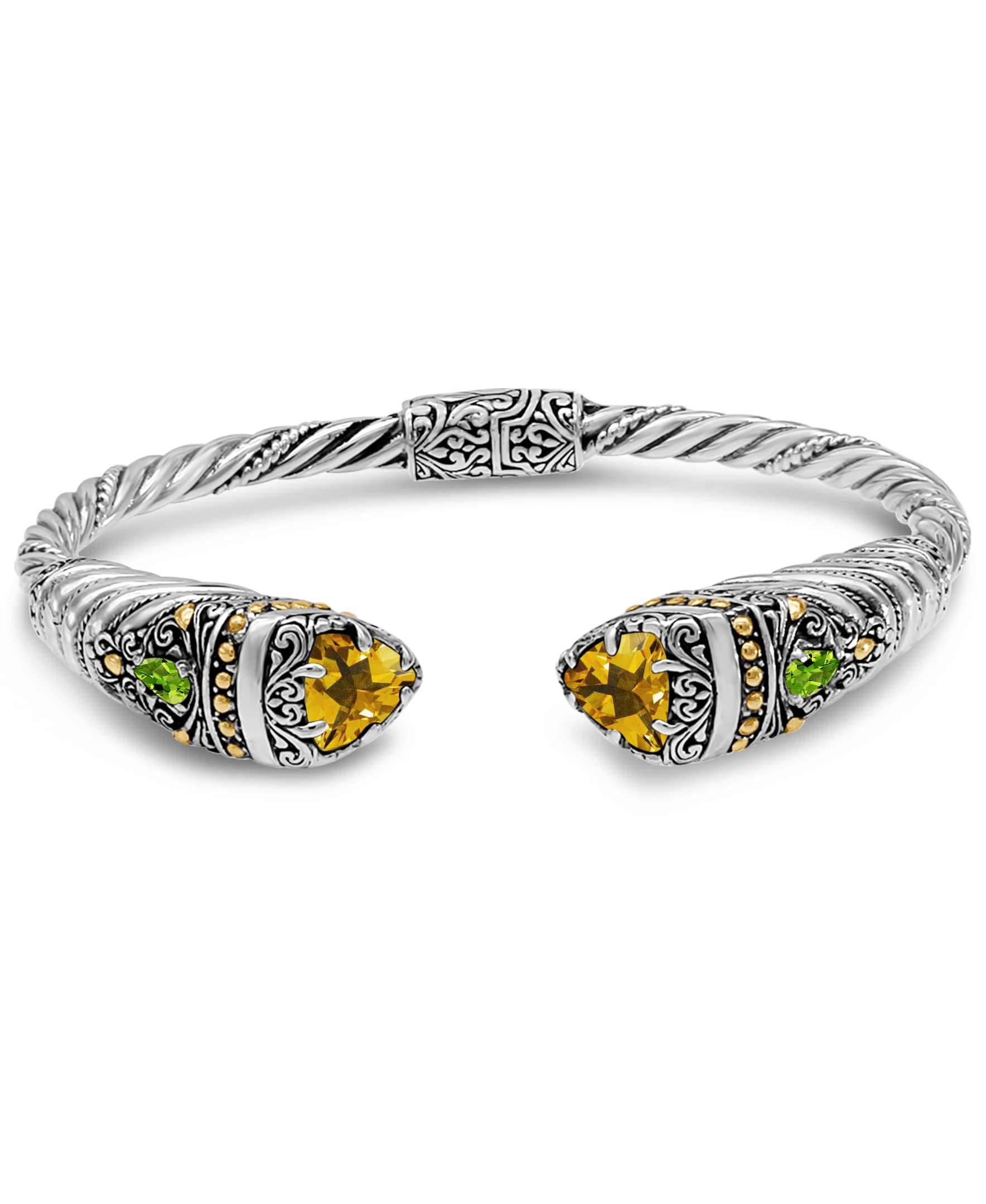 DEVATA Sterling Silver 925 and 18K Gold with Citrine and Peridot Bali Filigree Cuff Bracelet DHK3586CT (Size M)