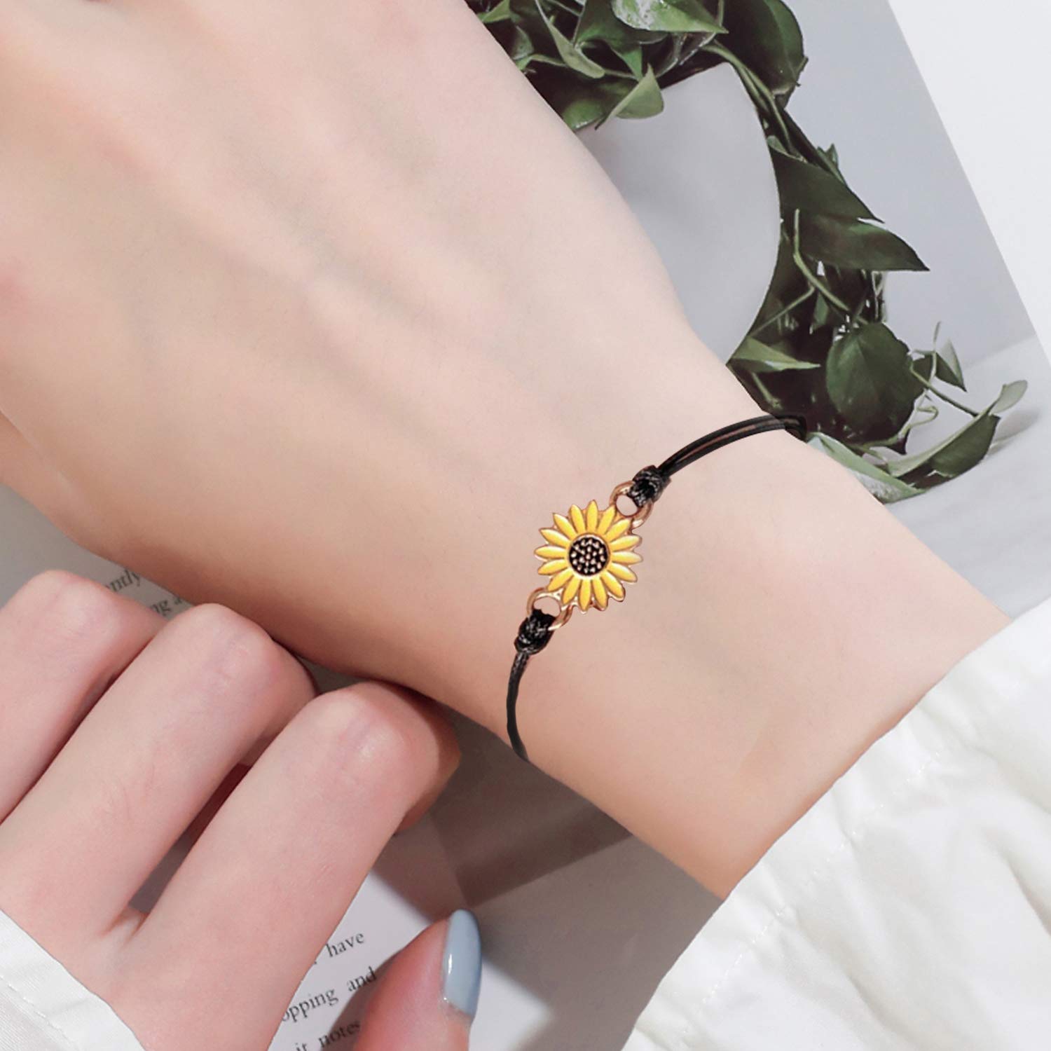 AUEAR, 2Pcs Bracelets Best Friends Sunflower Bracelet Pinky Promise Long Distance Matching Bracelet Anklets for Birthday Couples Mother Women Adjustable Cord