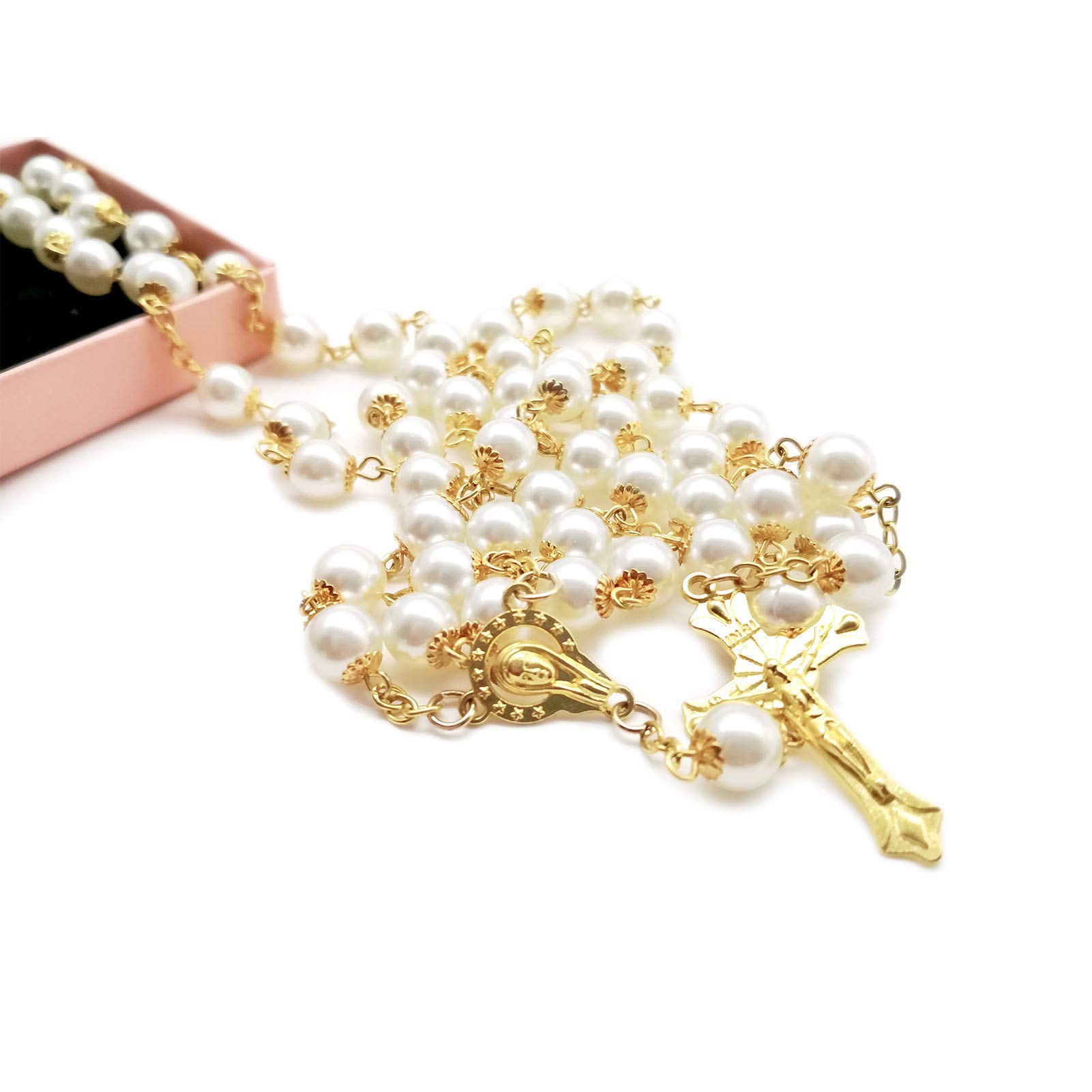 Rosary Beads Catholic for Women, First Holy Communion Rosary Gifts Catholic for Women, Gold White Rosary Necklace for Women Imitation Pearl Beads Necklace Rosarios Catolicos