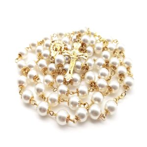 Rosary Beads Catholic for Women, First Holy Communion Rosary Gifts Catholic for Women, Gold White Rosary Necklace for Women Imitation Pearl Beads Necklace Rosarios Catolicos