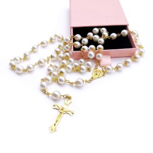 Rosary Beads Catholic for Women, First Holy Communion Rosary Gifts Catholic for Women, Gold White Rosary Necklace for Women Imitation Pearl Beads Necklace Rosarios Catolicos