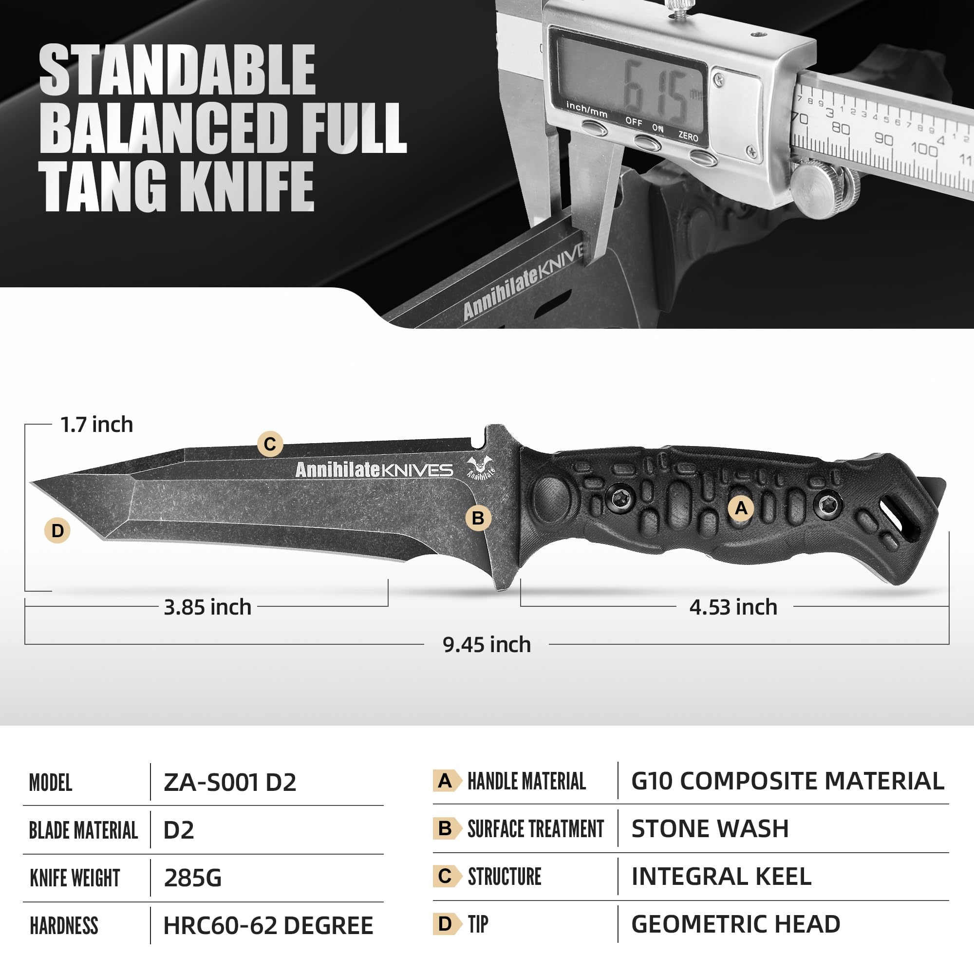 ZUNE LOTOO Tactical Survival Knife Fixed Blade Knife with Sheath D2 Steel G10 Handle Outdoor Tactical Knives for Men Camping Hiking Hunting Knife