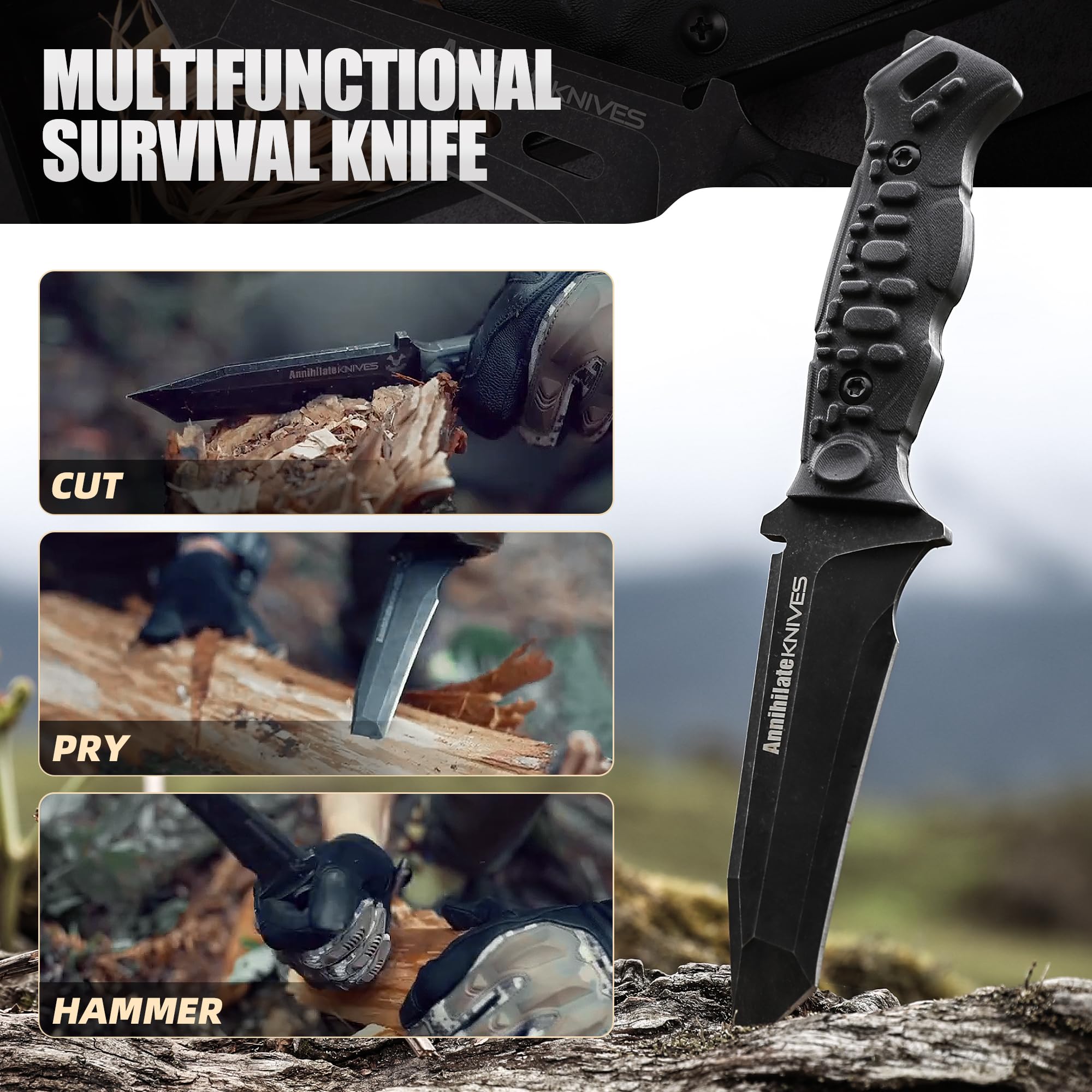 ZUNE LOTOO Tactical Survival Knife Fixed Blade Knife with Sheath D2 Steel G10 Handle Outdoor Tactical Knives for Men Camping Hiking Hunting Knife