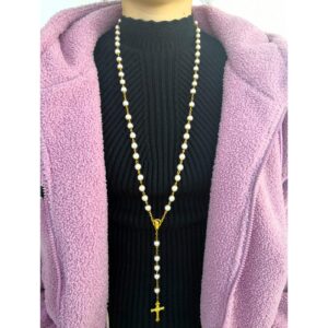 Rosary Beads Catholic for Women, First Holy Communion Rosary Gifts Catholic for Women, Gold White Rosary Necklace for Women Imitation Pearl Beads Necklace Rosarios Catolicos