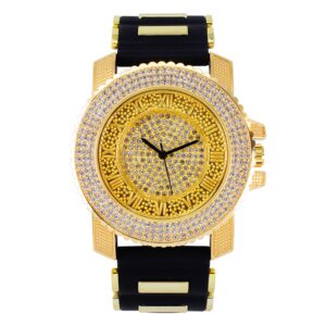 techno pave men's 45mm iced out roman dial watch with silicone band - gold dial