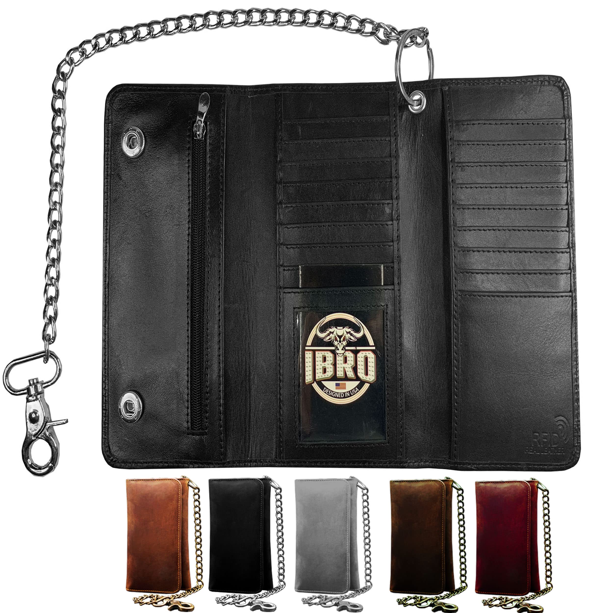 IBRO Motorcycle Chain Wallet for Men – 100% Natural Genuine Leather, Long Trifold RFID Blocking, Credit Card Money Organizer - Men’s Trucker Biker Metal Chain Wallets Black