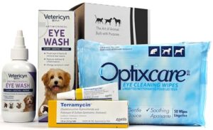 terramycin eye ointment for cats, dogs & horses 1/8oz with vetericyn plus eye wash 3oz and optixcare 50ct eye wipes tear stain remover - eye drops for infection complete ophthalmic master set