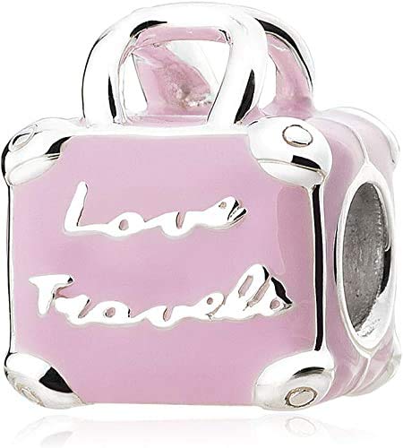 PINK SUITCASE LOVE TRAVEL 925 Sterling Silver Charm Bead For Pandora & Similar Charm Bracelets or Necklaces