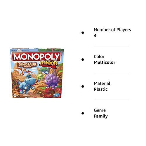 Hasbro Gaming Monopoly Junior Dinosaur Edition Board Game, 2-4 Players, with Dino-Themed Toy Tokens, Ages 5+ (Amazon Exclusive)