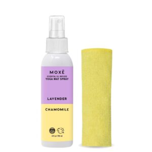 moxe yoga mat cleaner lavender & chamomile essential oils, 4 ounces, safe for all mats & exercise equipment, odor & sweat protection, made in usa