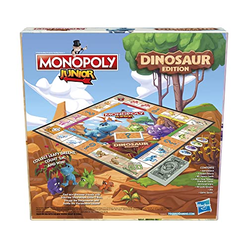 Hasbro Gaming Monopoly Junior Dinosaur Edition Board Game, 2-4 Players, with Dino-Themed Toy Tokens, Ages 5+ (Amazon Exclusive)