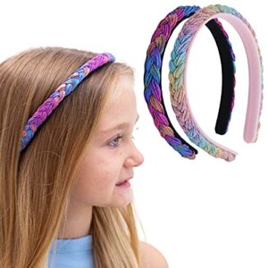 frog sac 2 braided headbands for girls, tie dye mermaid headband for kids, metallic braid head band hair accessories, cute rainbow unicorn party favors