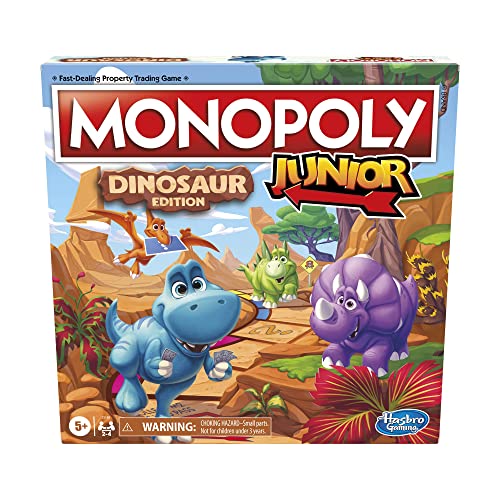 Hasbro Gaming Monopoly Junior Dinosaur Edition Board Game, 2-4 Players, with Dino-Themed Toy Tokens, Ages 5+ (Amazon Exclusive)