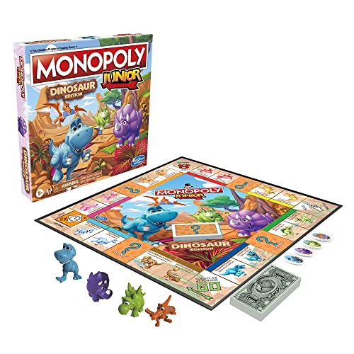 Hasbro Gaming Monopoly Junior Dinosaur Edition Board Game, 2-4 Players, with Dino-Themed Toy Tokens, Ages 5+ (Amazon Exclusive)