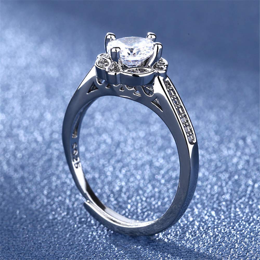 T Brand Platinum Plated Round CZ Solitaire Accent Wedding Promise Ring Flower Design Adjustable Bridal Rings for Women Y1212,Silver