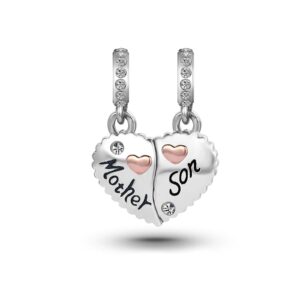 TGLS Women Rose Gold Heart Love Mother and Son Charms Dangle Puzzle Heart Beads for Mom Birthday Gifts Compatible With Pandora Bracelet