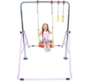 kids home gymnastics bar jungle gym 3 in 1 set deluxe swing seat, trapeze rings, horizontal kip bar height adjustable monkey bar, expandable junior training gymnastic balance bar, swing set (pink)