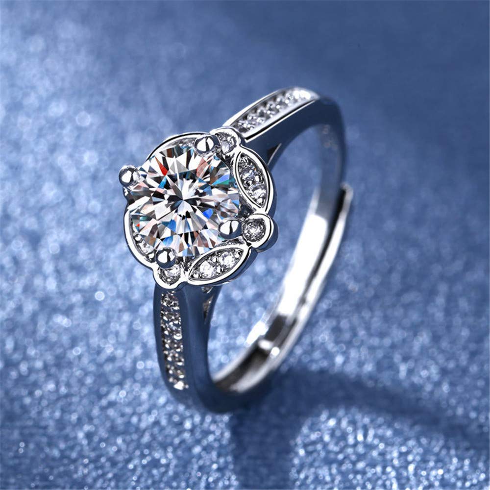 T Brand Platinum Plated Round CZ Solitaire Accent Wedding Promise Ring Flower Design Adjustable Bridal Rings for Women Y1212,Silver