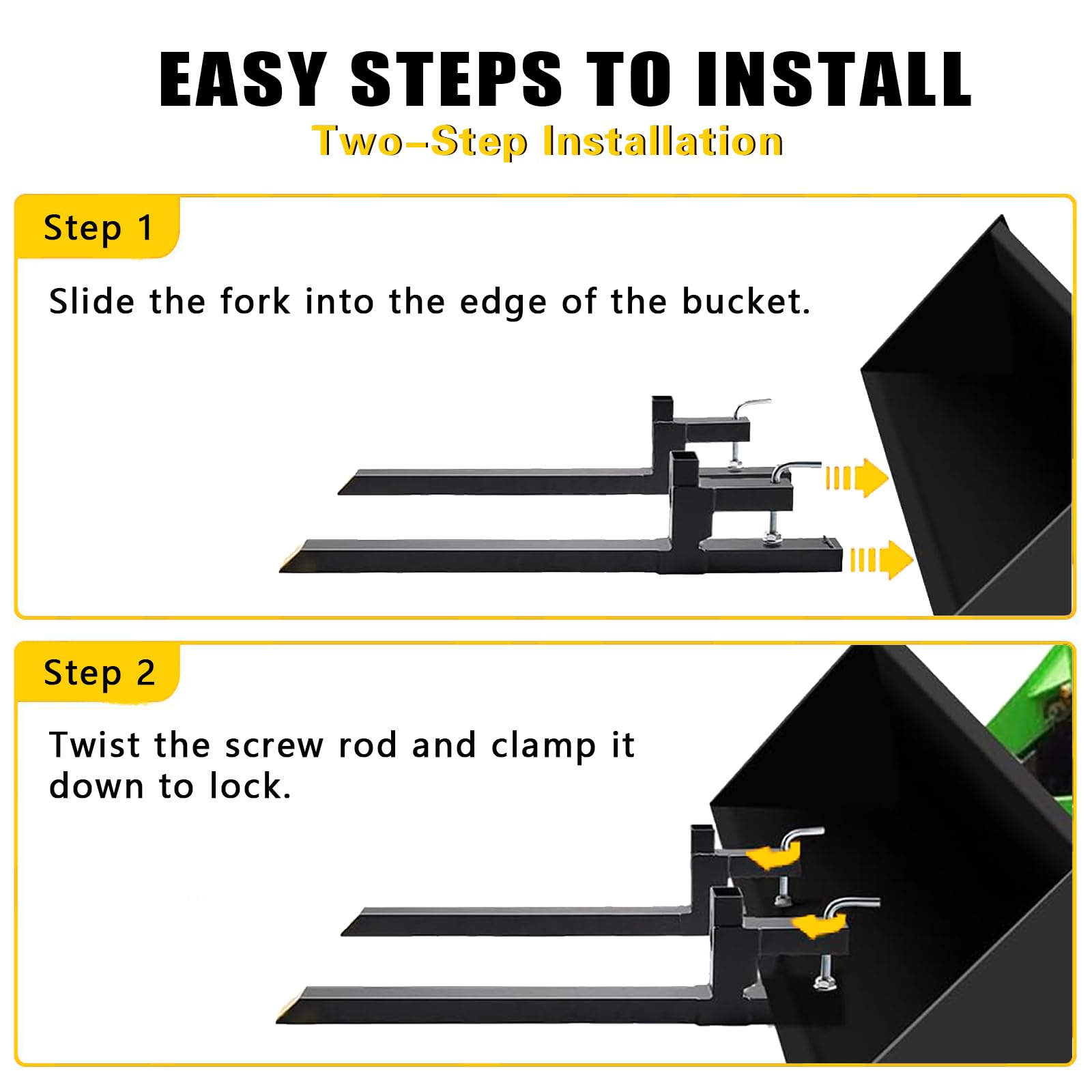 Atatod Heavy Duty Clamp on Pallet Forks w/Adjustable Stabilizer Bar -60" 4000lbs Max- Pallet Forks Clamp On for Tractor Bucket (60inch Total Length）