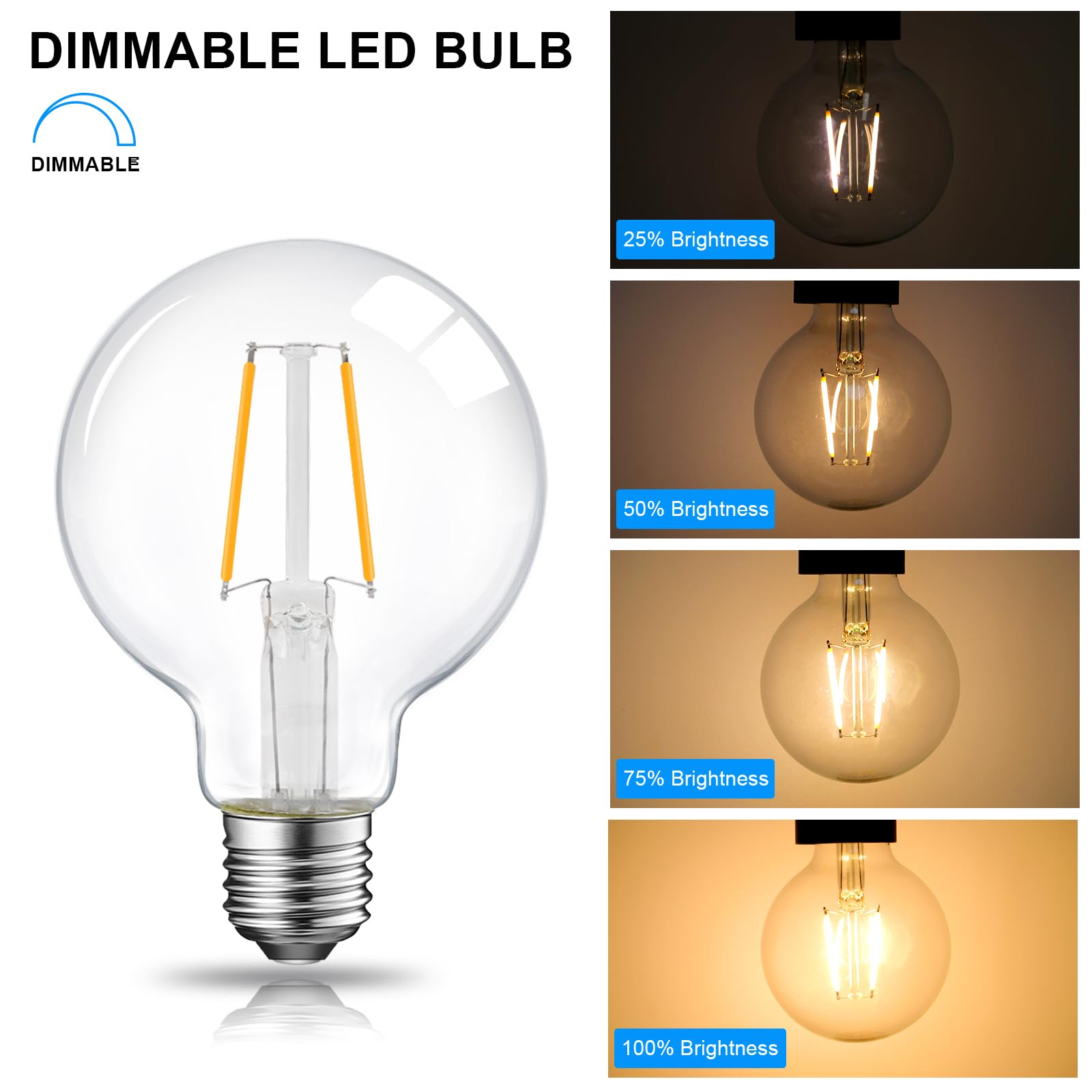 E ENERGETIC LIGHTING Edison Light Bulb, 5W Dimmable, G25 Globe Shape, Clear Glass, 60W Equivalent, 2700K Soft White, 500LM, G80 Christmas Light, E26 Standard Base, UL Listed, 6-Pack