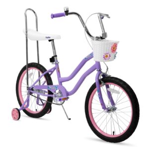 joystar 20 inch girls bike with training wheels, banana seat bike for girls ages 7-12 years old, kids' girls bicycle with front handbrake and coaster brakes, kickstand included purple