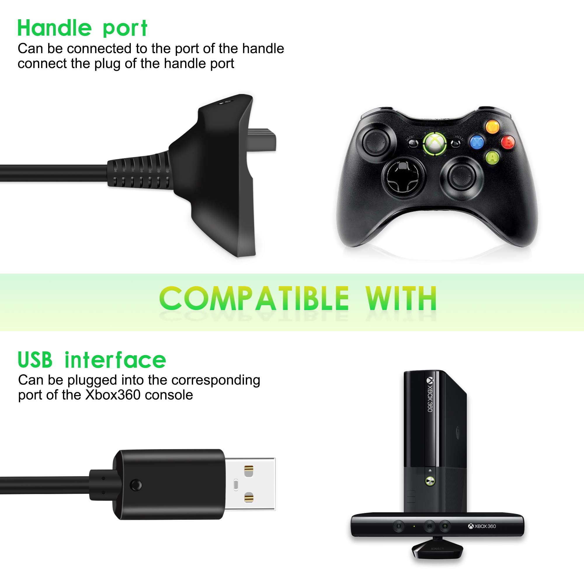 2Pack 6Ft Charging Cable for Xbox 360, Wireless Controller USB Charging Cable Compatible with Microsoft Xbox360 / xBox 360 Slim Wireless Game Controllers