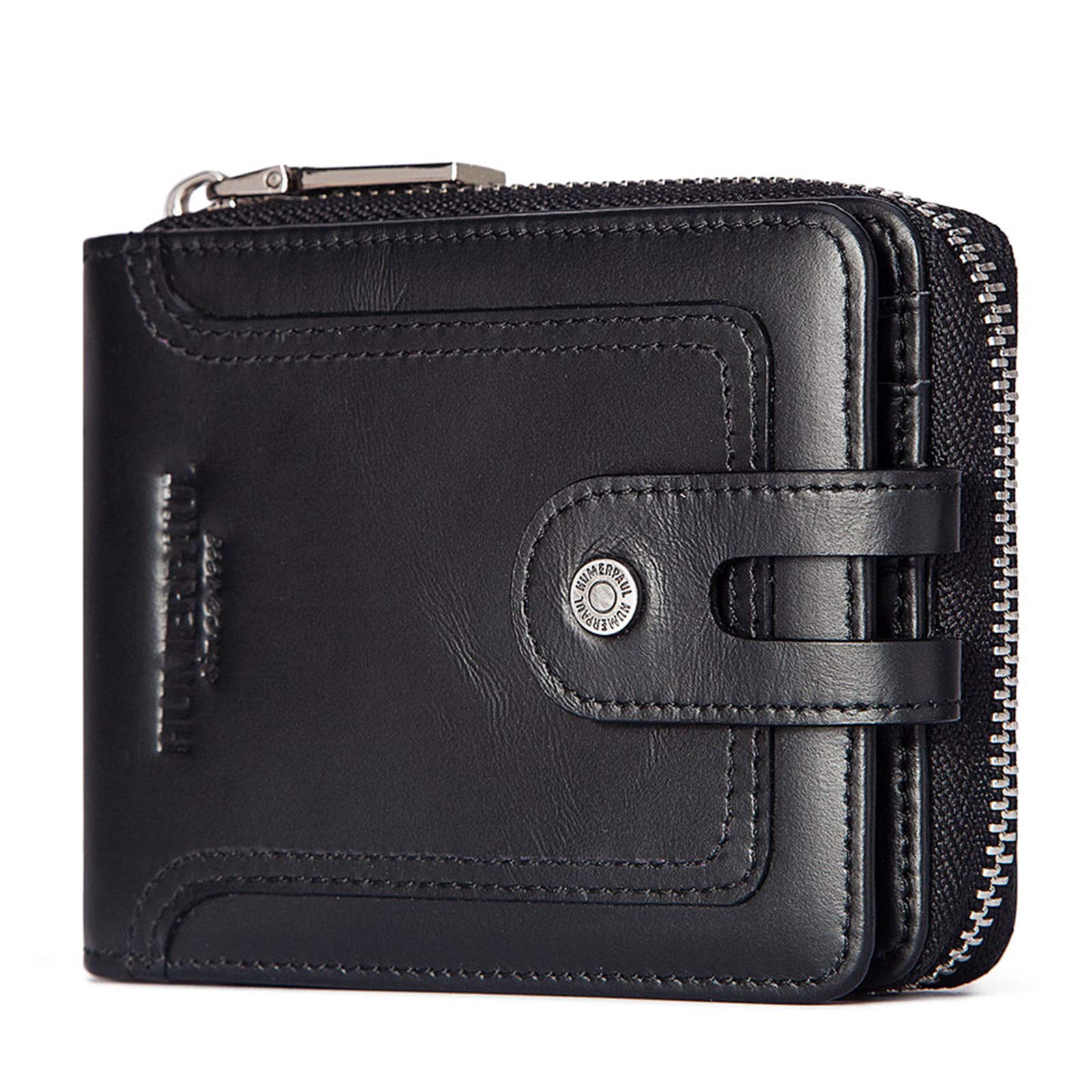 gzcz Mens Wallet with Zipper RFID Blocking Genuine Leather Bifold Purse with ID Window and Credit Card Holder (Black)