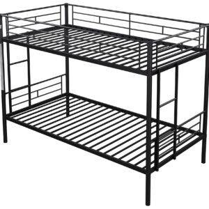 Twin Over Twin Metal Bunk Beds with 2 Side Ladders, Heavy Duty Bed Frame with Guardrail for Dormitory Bedroom Boys Girls Adults,No Box Spring Needed,Black