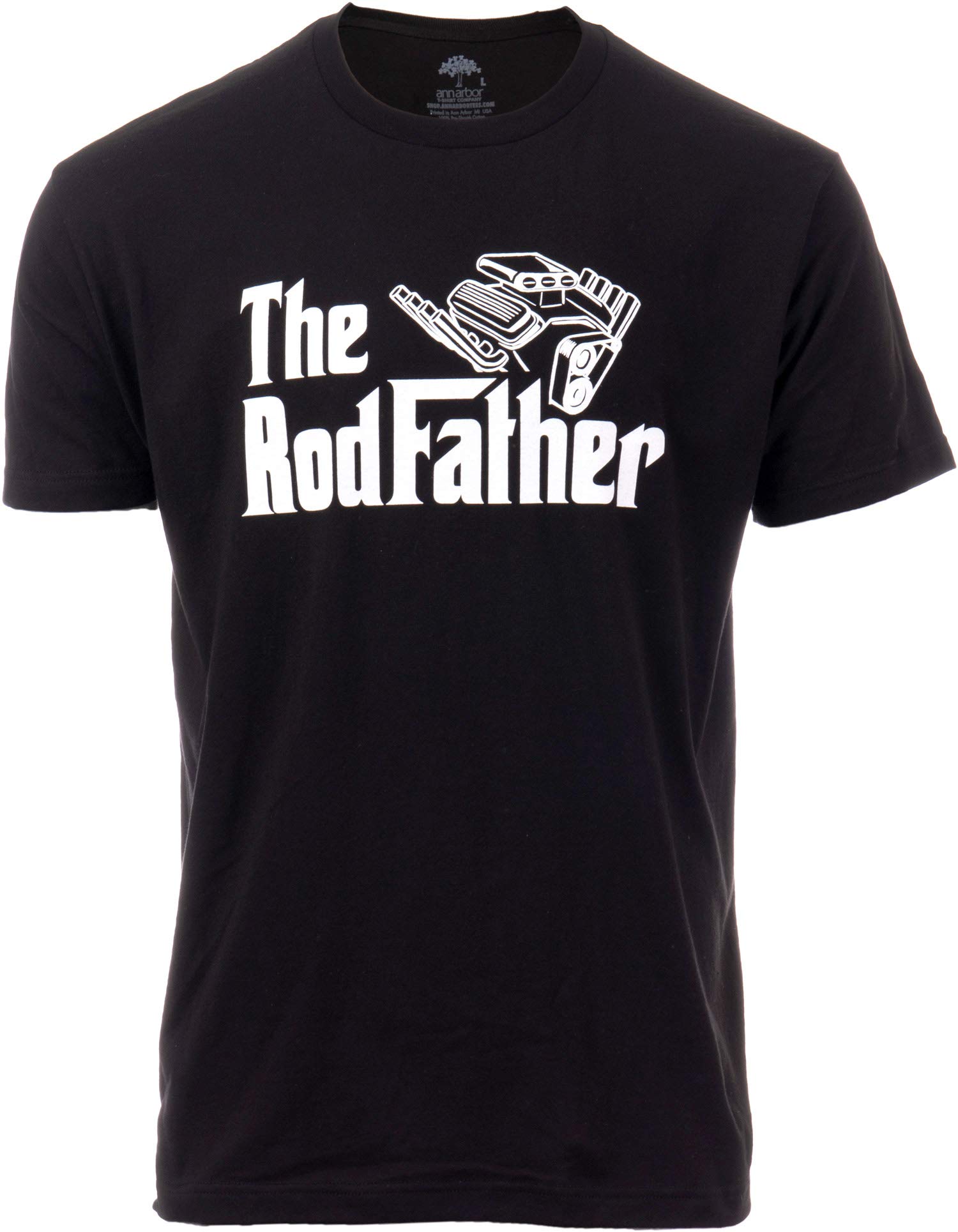 Ann Arbor T-shirt Co. The Rodfather | Funny Hotrod Garage Joke Truck Car Guy Mechanic Auto Racing Hot Rod T-Shirt for Men Dad Grandpa-(Adult, L) Black