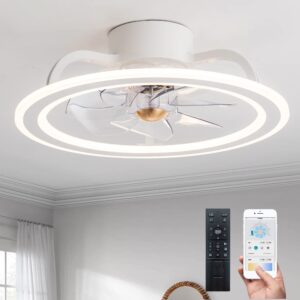 ekiznsn 20'' bladeless modern indoor flush mount ceiling fan with lights and remote, app control white low profile ceiling fans for bedroom/small room