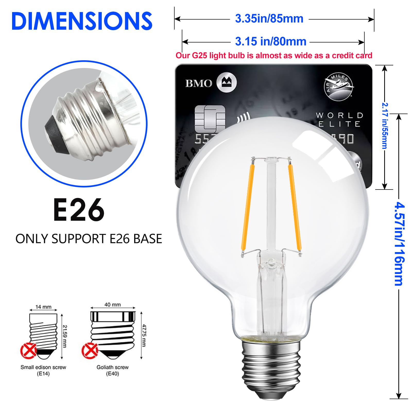 E ENERGETIC LIGHTING Edison Light Bulb, 5W Dimmable, G25 Globe Shape, Clear Glass, 60W Equivalent, 2700K Soft White, 500LM, G80 Christmas Light, E26 Standard Base, UL Listed, 6-Pack