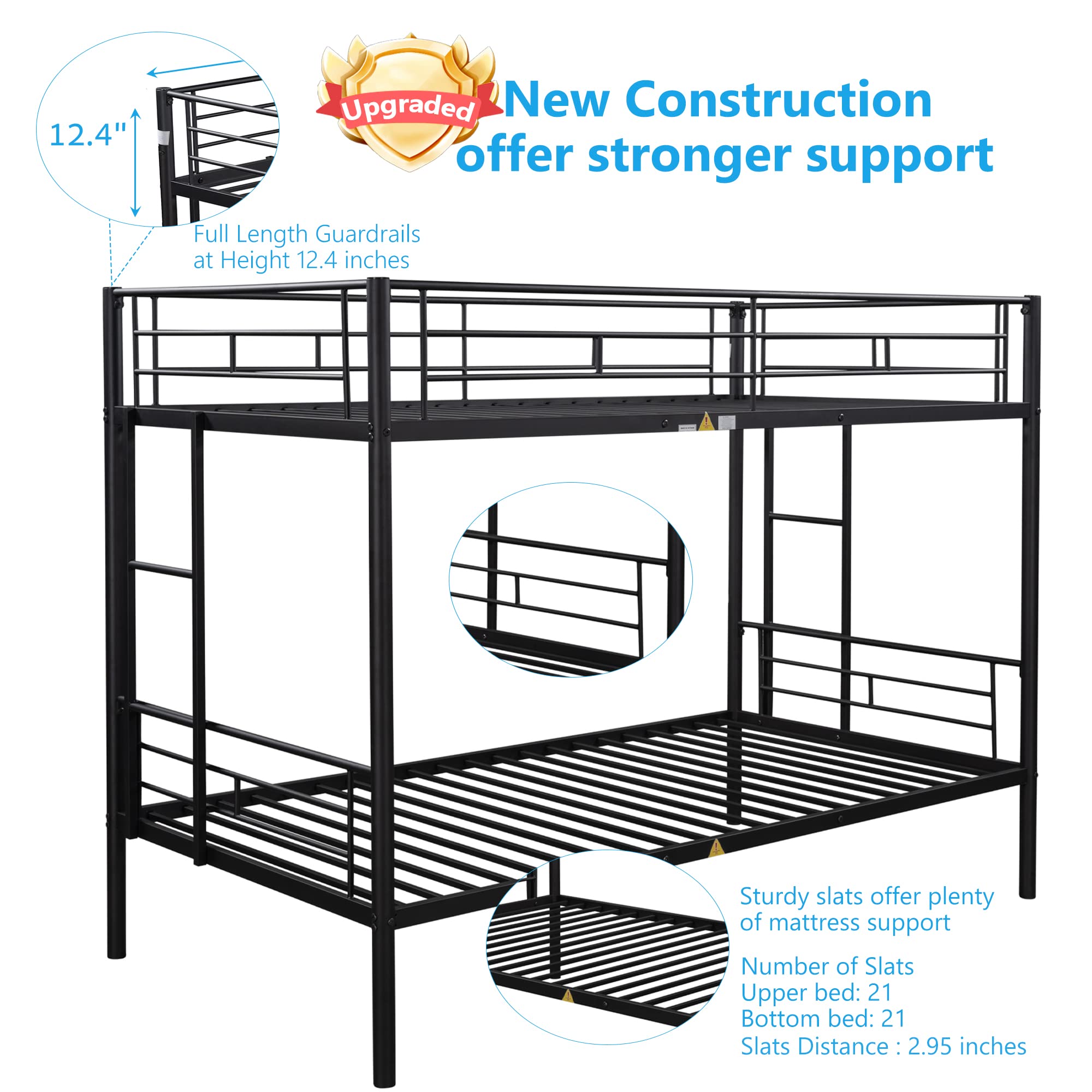 Twin Over Twin Metal Bunk Beds with 2 Side Ladders, Heavy Duty Bed Frame with Guardrail for Dormitory Bedroom Boys Girls Adults,No Box Spring Needed,Black