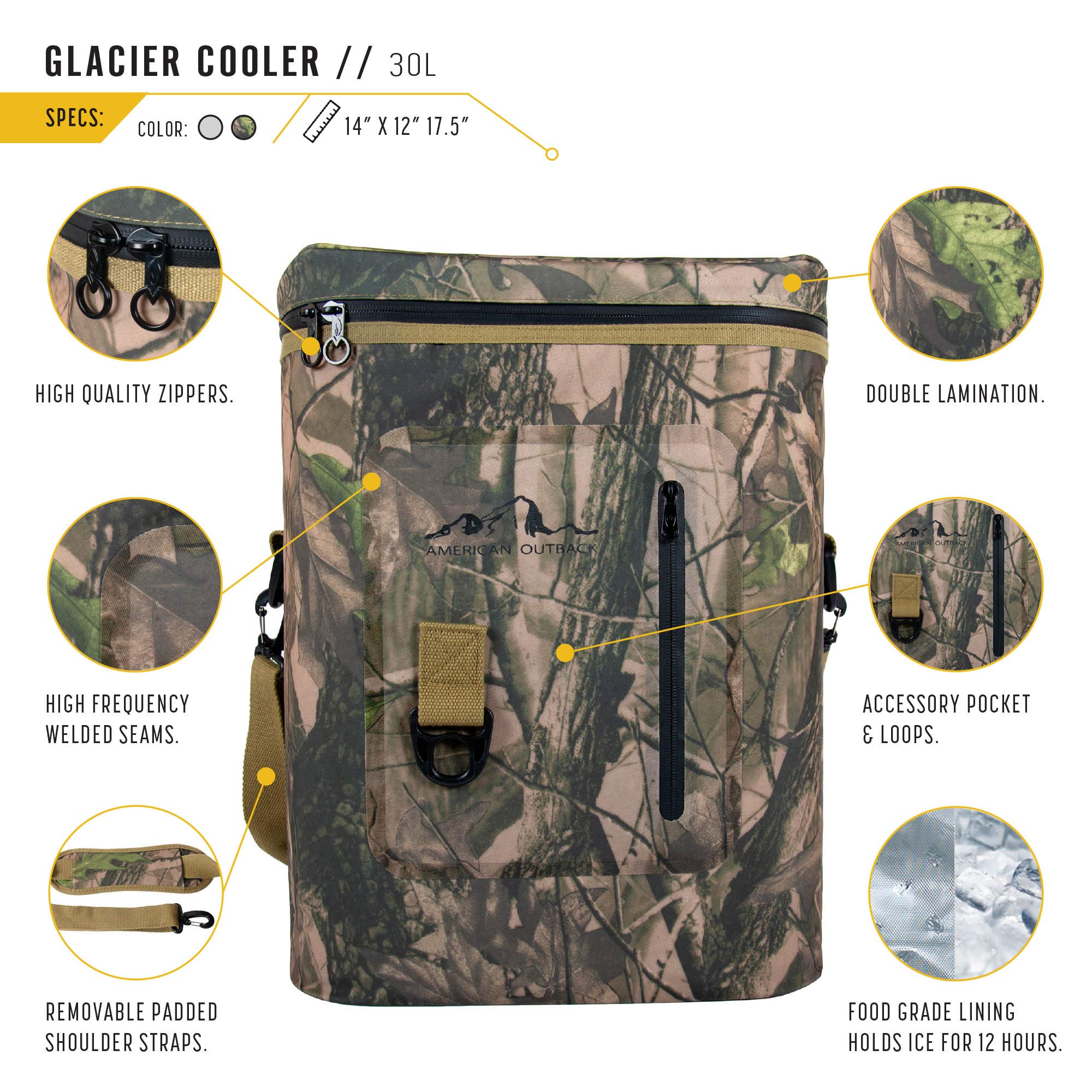 American Outback 48 Can (30L) Glacier Cooler with Accessory Pocket and Welded Seams, 14" x 12" x 17.5", Camo