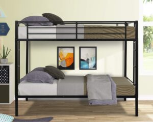 twin over twin metal bunk beds with 2 side ladders, heavy duty bed frame with guardrail for dormitory bedroom boys girls adults,no box spring needed,black