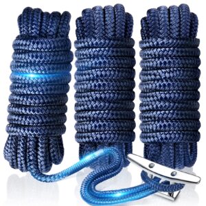 greenever dock lines&ropes boat accessories-3pc 1/2inx15 ropes for boats double-braided mooring marine ropes with 12in eye loop for docking,6500 lbs breaking strength boating gifts for men(navy blue)