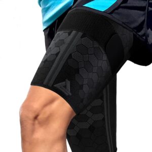 activrunner thigh compression support sleeve (2 per pack), breathable with adjustable non-slip strap for hamstring and quadricep muscle injury and strain recovery. suitable for men and women