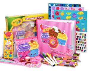 crayola scrapbook activity craft kit, mess free journal set for kids, drawing art supplies included scrapbook, pattern sheets, cut outs, gem stickers, sequins, crayola washable markers, tape and