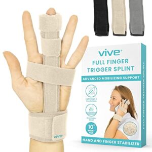 vive trigger finger splint - full hand and wrist brace support - adjustable locking straightener - straightening immobilizer treatment for sprains, mallet injury, arthritis, tendonitis (beige)