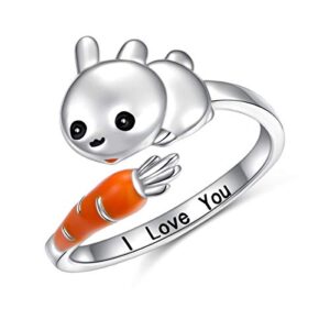 yinshan easter day jewelry bunny & carrot ring sterling silver adjustable size wrap open ring engraved i love you for rabbit lovers birthday gifts