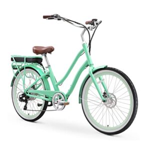 sixthreezero evryjourney women's electric bike, 7-speed step through beach cruiser ebike bicycle, 500 watt motor, 26 inch wheels, mint green