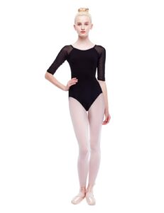 cuulrite black ballet dance leotards for women, yoga gymnastic leotard stretch mesh splice 34 sleeve,small