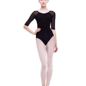 Cuulrite Black Ballet Dance Leotards for Women, Yoga Gymnastic Leotard Stretch Mesh Splice 34 Sleeve,Small