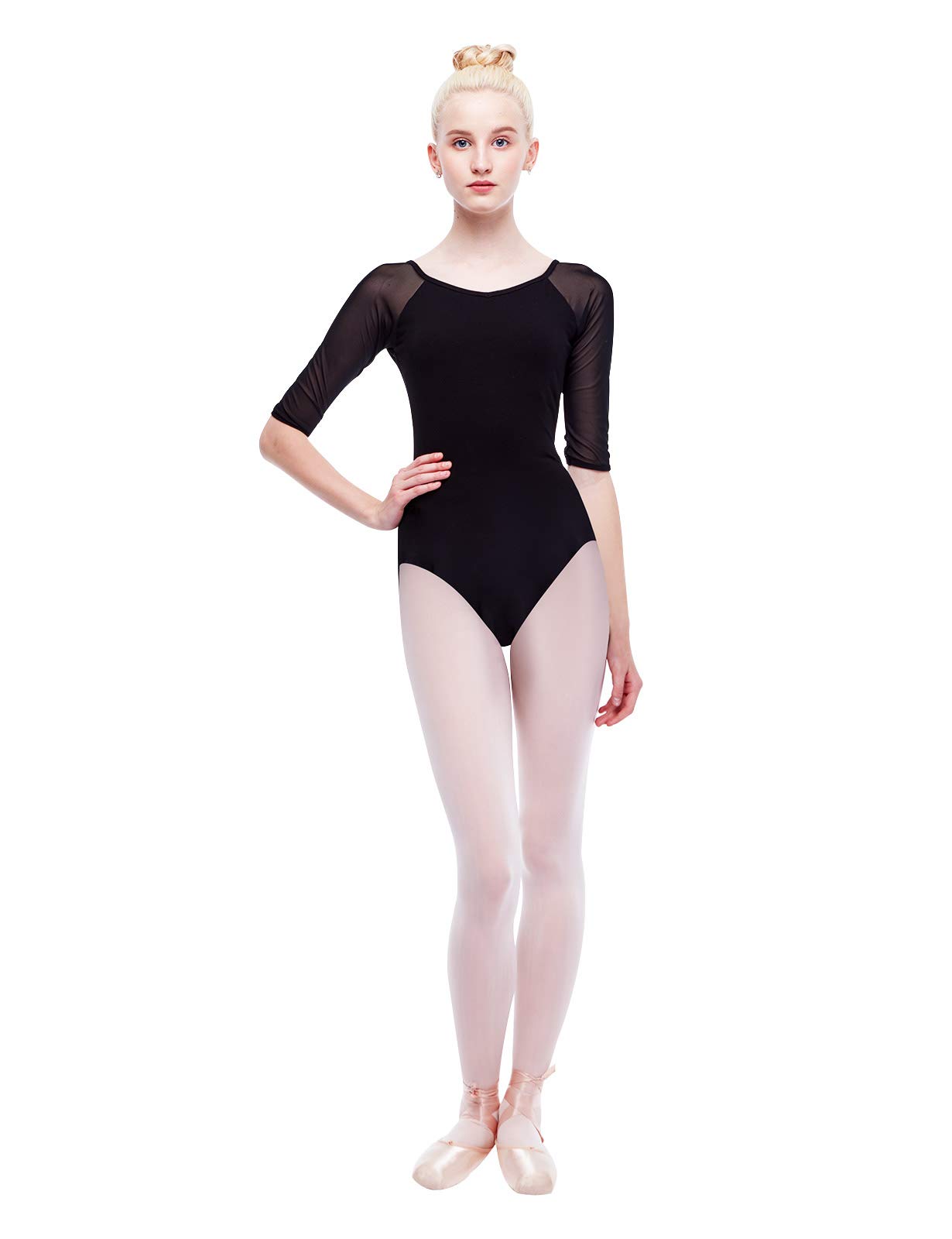 Cuulrite Black Ballet Dance Leotards for Women, Yoga Gymnastic Leotard Stretch Mesh Splice 34 Sleeve,Small