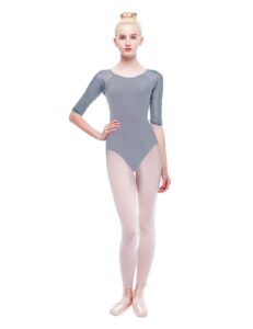 cuulrite ballet dance leotards for women, yoga gymnastic leotard stretch mesh splice 34 sleeve,light grey,small