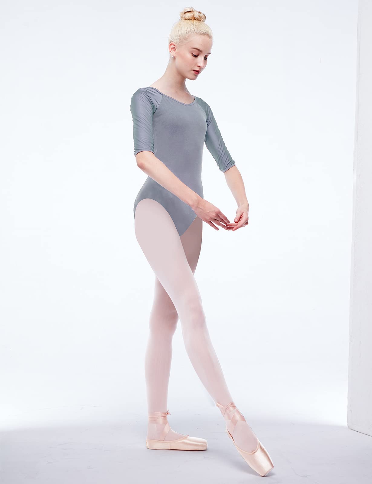 Cuulrite Ballet Dance Leotards for Women, Yoga Gymnastic Leotard Stretch Mesh Splice 34 Sleeve,Light Grey,Small