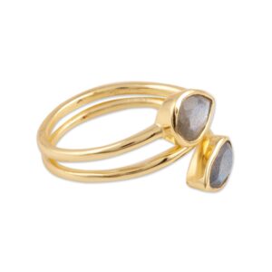 NOVICA Artisan handmade gold plated labradorite wrap ring from india cocktail gemstone [Ring front 0.5 in L x 0.6 in W x 0.1 in H Band width 3 mm W] ' golden aurora'