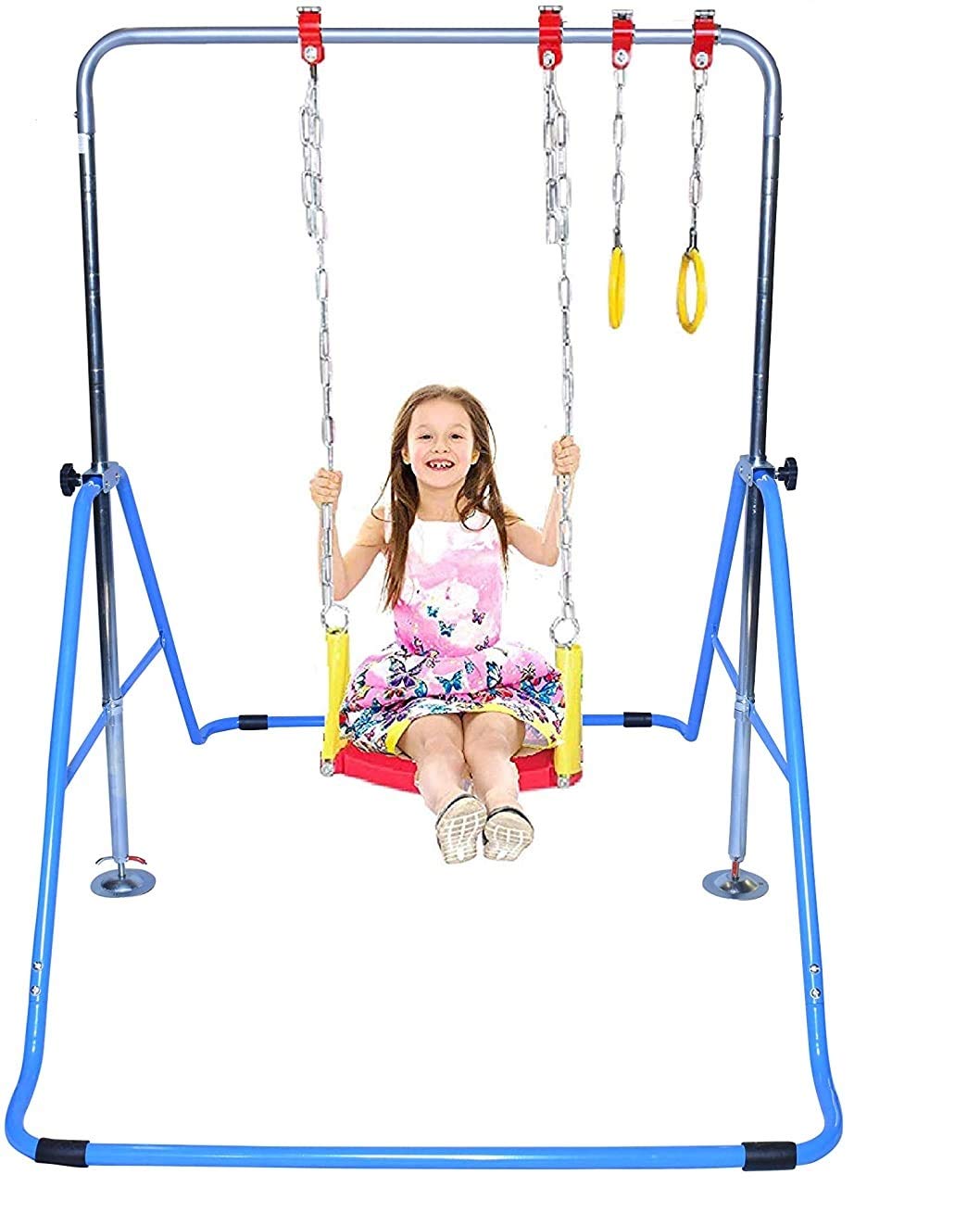 Kids Home Gymnastics Bar Jungle Gym 3 in 1 Set Deluxe Swing Seat, Trapeze Rings, Horizontal Kip Bar Height Adjustable Monkey Bar, Expandable Junior Training Gymnastic Balance Bar, Swing Set (Blue)